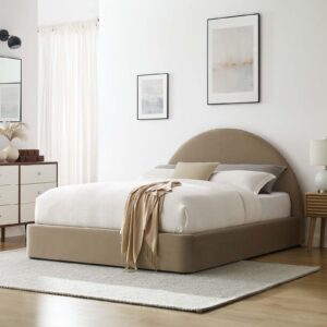 modway resort queen size platform bed with arch shaped round headboard in taupe, upholstered velvet bed frameain-resistant performance velvet, soft cloud bed frame, no box spring needed