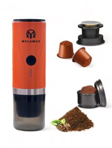 melamor portable espresso maker pcm03 self-heating 20 bar pressure in orange color compatibility with ns pods & ground coffee. perfect for travel, camping and hiking