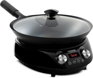 nuwave induction wok, 3 wattages 600, 900 & 1500, precise temp controls from 100°f to 575°f in 5°f, infuse complex charred aroma & flavor, authentic 14-inch carbon steel wok included, wok hei