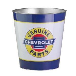 american art decor metal trash bin - licensed chevrolet waste basket - small decorative garbage can for man cave, kitchen, garage, home office, bar & more (11.25" x 10.5" x 10.5"