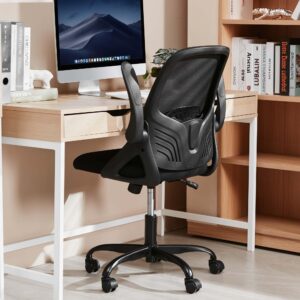 primezone mid-back ergonomic office chair - comfortable mesh computer chair with wheels comfy swivel task chair with flip-up arms & lumbar support for home office desk chair, 300 lbs capacity, black