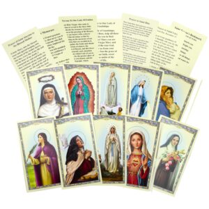 needzo women saints and madonnas holy prayer card assortment, immaculate heart of mary, our lady of grace, guadalupe, fatima, madonna of the streets, lourdes, and more (pack of 10)