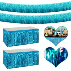 4p metallic foil fringe banner tinsel table skirts for rectangle tables backdrop tinsel banner garland curtains for parade floats wedding graduation anniversary birthday parties decoration (lake blue)