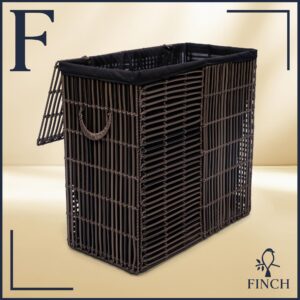 finch double laundry hamper with lid & handles, foldable, 2 divided section (xxl) clothes hamper, removable washable liner bags, steel frame & woven poly rattan, sturdy laundry basket, dark brown