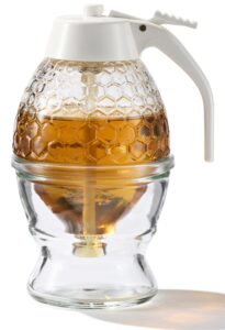 paulsway glass honey dispenser jar - premium no drip design, elegant honeycomb shape with white lid - durable glass & abs for honey and syrup