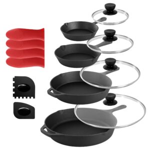 megachef 13 piece pre-seasoned cast iron skillet set with temperd glass lids and silicone holders