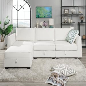 naomi home elizabeth modular sectional sofa with storage l shaped modular sofa 4-seater sectional couch for living room, white down, linen