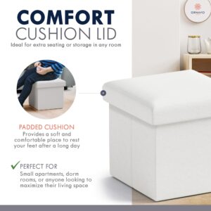 Ornavo Home Small Storage Ottoman Foldable Collapsible Cube Square Linen Ottoman Foot Rest Stool Seat, for Living Room, Bedroom, Home Office, Dorm - 12 x 12 x 12, White