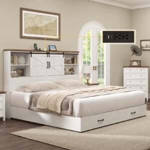 howe king size wood platform bed frame with 51.2" bookcase headboard, storage bed with sliding barn door charging station 2 drawers, no box spring needed/farmhouse/white