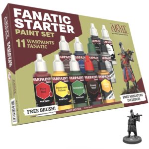 the army painter warpaints fanatic: starter set, 11 paints: 7 acrylic colours, 2 metallics, 1 wash, 1 brush-on primer, 1 free miniature figure and starter brush