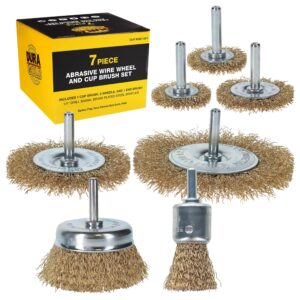 dura-gold 7-piece abrasive brass-coated wire wheel, cup brush, and end brush set, 1/4" drill shank, carbon steel bristles - surface prep grinding, stripping metal, clean remove rust, corrosion, paint