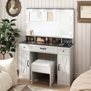 Vabches Vanity Desk with Mirror and Lights,Glass Top,Makeup Vanity Table Set with Stool,Charging Station and 3 Lighting Modes,2 Cabinets 4 Drawers Dressing Table，White