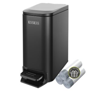 ksskss small bathroom trash can with soft close lid, 6l / 1.6 gallon stainless steel garbage can with removable inner bucket, step pedal, slim wastebasket for bedroom, home office (matt black)