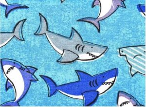 generic fat quarter - shark ~ 18"" inch x 21"" inch - 100% cotton fabric ~ sharks on blue background, mixed