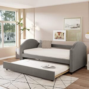 dreloft full size upholstered daybed with strong durable pull-out trundle and legs, full day bed sofa bed with wood slat support for living room bedroom guestroom, no box spring needed, gray