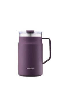 locknlock metro mug premium 18/8 stainless steel double wall insulated with handle perfect for table with lid, purple, 20 oz