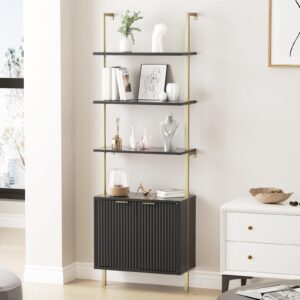 ladder bookshelf with cabinet, 71" tall wall mounted bookcase with shelves & storage, fluted ladder shelf with metal frame, 5-tier display rack for living room, home & office, bedroom, black & gold