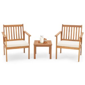 tangkula 3 pieces patio wood furniture set, acacia wood chairs and coffee table set with soft cushions, slatted design, outdoor furniture set for porch, yard, balcony (white)