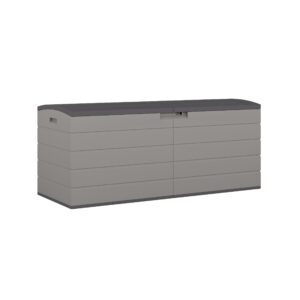 suncast 120-gal. all-weather patio deck box with pad-lockable split top lid, extra-large outdoor storage unit for patio furniture and grill tools