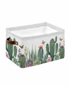 tropical cactus cube storage organizer bins with handles,15x11x9.5 inch collapsible canvas cloth fabric storage basket,books bin boxes,closet green summer fall succulent plant butter-fly 1 pack