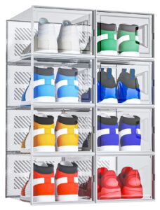 xx-large foldable shoe storage box, 8 pack shoe boxes clear plastic stackable, shoe organizer for closet , sneaker storage for sneakerheads,shoe rack bin boot storage, fit for men/women us size 14