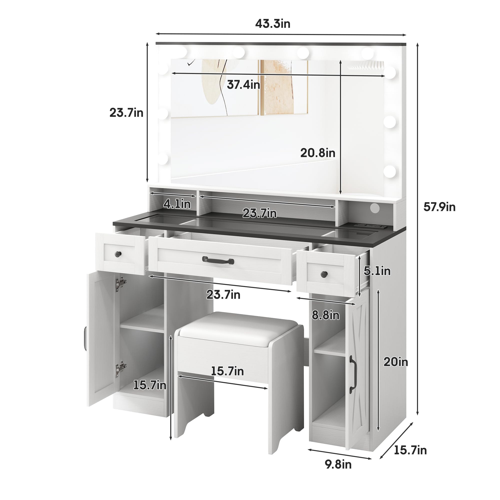 Vabches Vanity Desk with Mirror and Lights,Glass Top,Makeup Vanity Table Set with Stool,Charging Station and 3 Lighting Modes,2 Cabinets 4 Drawers Dressing Table，White