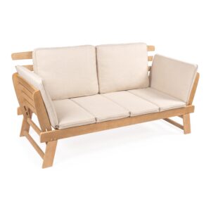 jonathan y sfb1000a hartley 2-seat modern scandinavian folding wood outdoor day bed sofa mid-century, classic, transitional, industrial for backyard, patio, porch, beige/light teak