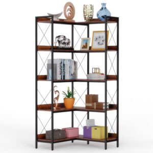 otutumus 5 tiers corner bookshelf bookcase, industrial l-shaped bookshelf with baffles etagere shelf storage rack with metal frame for living room, bedroom, home office, brown