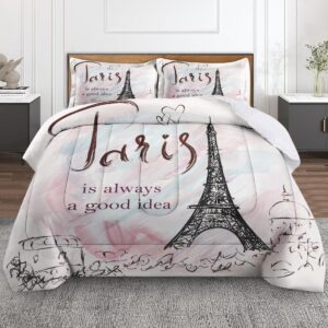 nesphy pink paris comforter set for boy girl children teens twin, modern french style romantic theme bedding sets water washed microfiber bedding with 1 comforter 1 pillowcase all season