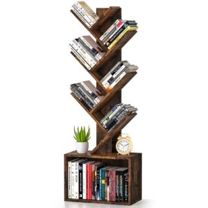 art-giftree 6 tier tree bookshelf, sturdy retro floor standing wood bookcase, storage rack for home office, living room, bedroom, reading spot, heavy book organizer shelves for cds/dvds/movies