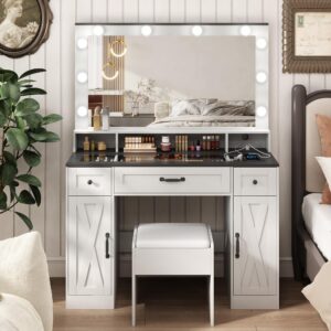 vabches vanity desk with mirror and lights,glass top,makeup vanity table set with stool,charging station and 3 lighting modes,2 cabinets 4 drawers dressing table，white