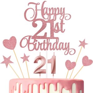 lecferrarc 21st birthday cake decorations, 21st birthday candles cake numeral candles and glitter happy 21st birthday cake toppers set for birthday party supplies (rose gold)