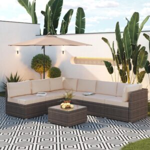 naga bahna patio furniture set 7 pieces outdoor sectional conversation set, outdoor pe wicker rattan sofa set patio couches w anti-slip beige cushions, 2 pillows for patio(brown)