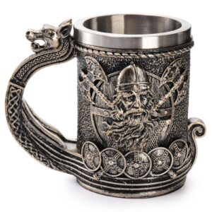 zenfun noric viking ship dragon beer mug, 18/8stainless steel drinking tankard, 17 oz wine coffee cup, norse mythology poetic decor beer mug, great gift for men