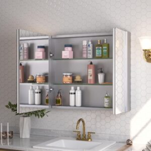 deer valley medicine cabinet with mirror, 26 x 30 inch double doors bathroom mirror medicine cabinet with adjustable glass shelves, frameless surface mount wall cabinet, beveled edge