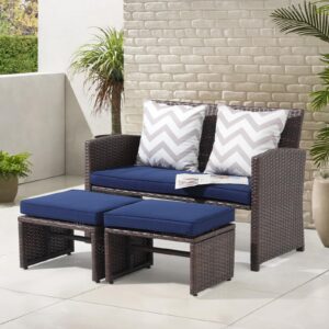 oc orange-casual outdoor loveseat 3 piece patio furniture set outdoor conversation set all-weather wicker love seat with ottoman/side table, brown rattan, blue