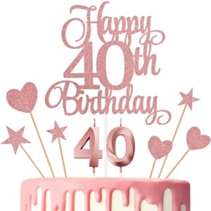 lecferrarc 40th birthday cake decorations, 40th birthday candles cake numeral candles and glitter happy 40th birthday cake toppers set for birthday party supplies (rose gold)