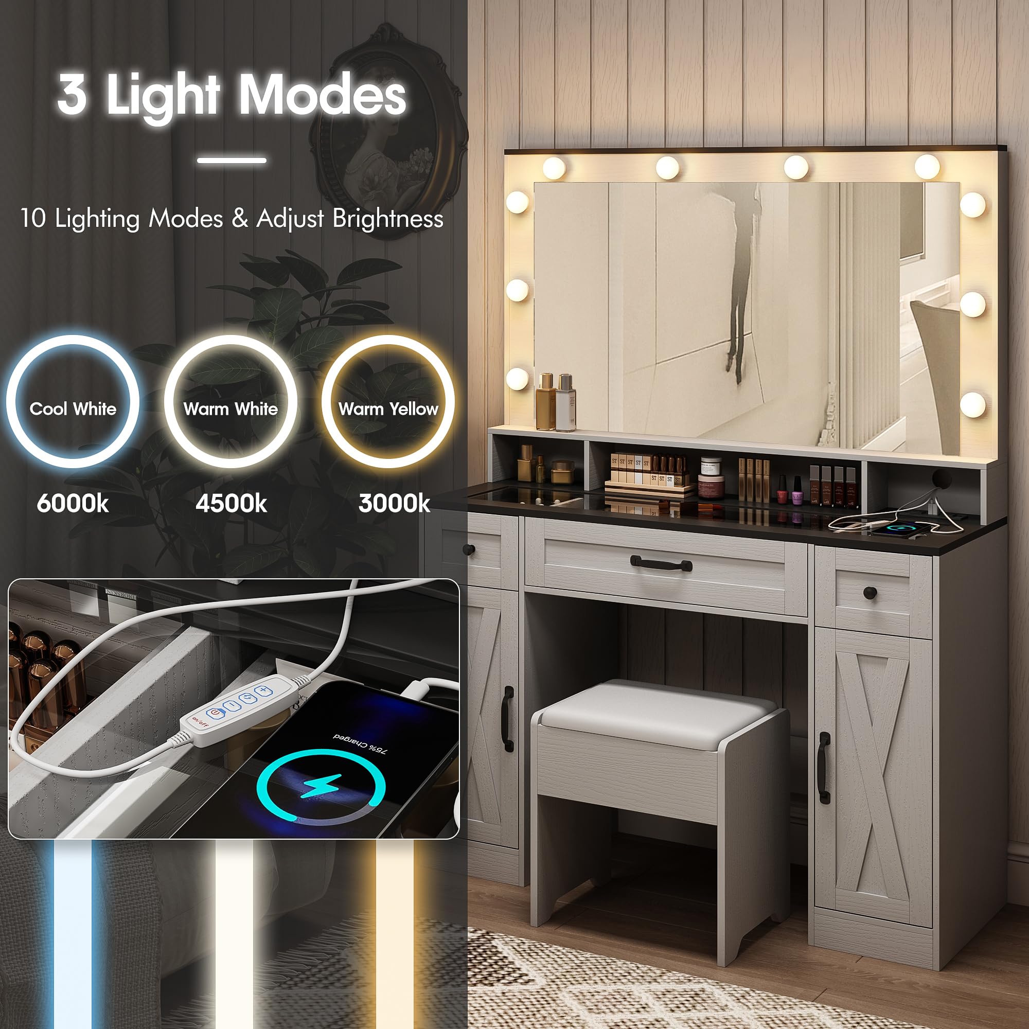 Vabches Vanity Desk with Mirror and Lights,Glass Top,Makeup Vanity Table Set with Stool,Charging Station and 3 Lighting Modes,2 Cabinets 4 Drawers Dressing Table，White