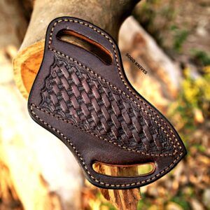 sogo knives leather knife sheath for belt, slanted pancake sheath, tooled leather sheath, beautiful cow boy 3 to 5 inches skinner knife leather cover 100% real leather (brown)