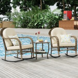 baldper 3 pieces patio conversation set, lounge rocking chair with cushion & coffee table, wicker bistro set, outdoor furniture set for porch, deck, backyard, or poolside, beige