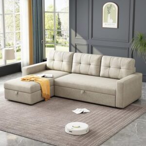 ball & cast 81.5" l-shaped convertible sleeper sofa, upholstered sectional couch pull out sofa-bed with storage chaise & removable back cushions, beige