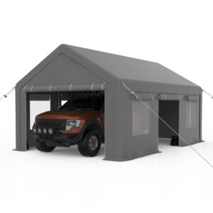 carport 13x20ft portable upgraded garage，heavy duty carport with 4 roll-up doors & 4 ventilated windows, uv resistant all-season waterproof tarp, reinforced steel poles, for car, truck, boat