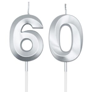 silver 60th birthday candles for cakes, number 60 candle cake cupcake topper for birthday anniversary party decoration