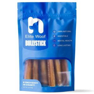 elite woof bully sticks for dogs puppies - 6 inch standard 100% natural dog treats, grass-fed beef dog chews, grain-free, high protein, long-lasting pet food for all dog breeds (6 pack)