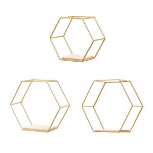 mnaocz 3pcs hexagon floating shelves, hexagon shaped floating wall shelves for bedroom, metal wire and rustic wood wall storage shelves for home decor(#1)