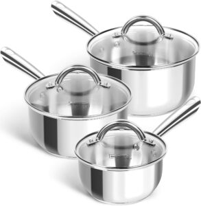 michelangelo stainless steel pot set 6 pcs with triply base, stainless steel saucepans with lids, induction saucepan set with stay-cool handle - 1qt & 2qt & 3qt