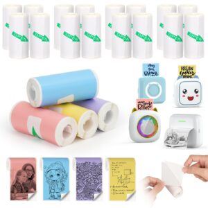 huijutchen 20 rolls mini thermal sticker printer paper 57x25mm inkless self-adhesive paper for m02/t02/x5 pocket bluetooth receipt printer for photo,diy,note,memo(16 white+4 color)