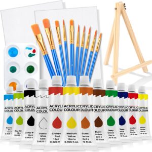 esrich 26pcs acrylic paint set with 12colors acrylic paints (12ml, 0.4 oz), 10 paint brushes, 2canvas, 1 wood easel, 1 plate, painting supplies kits for kids, adults, artists and beginners