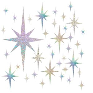 45 pcs star sequined iridescent wall decor, removable silver star decor 3 sizes, holographic starburst decor for kids dorm room wedding decor birthday decorations girls room wall decor(silver)