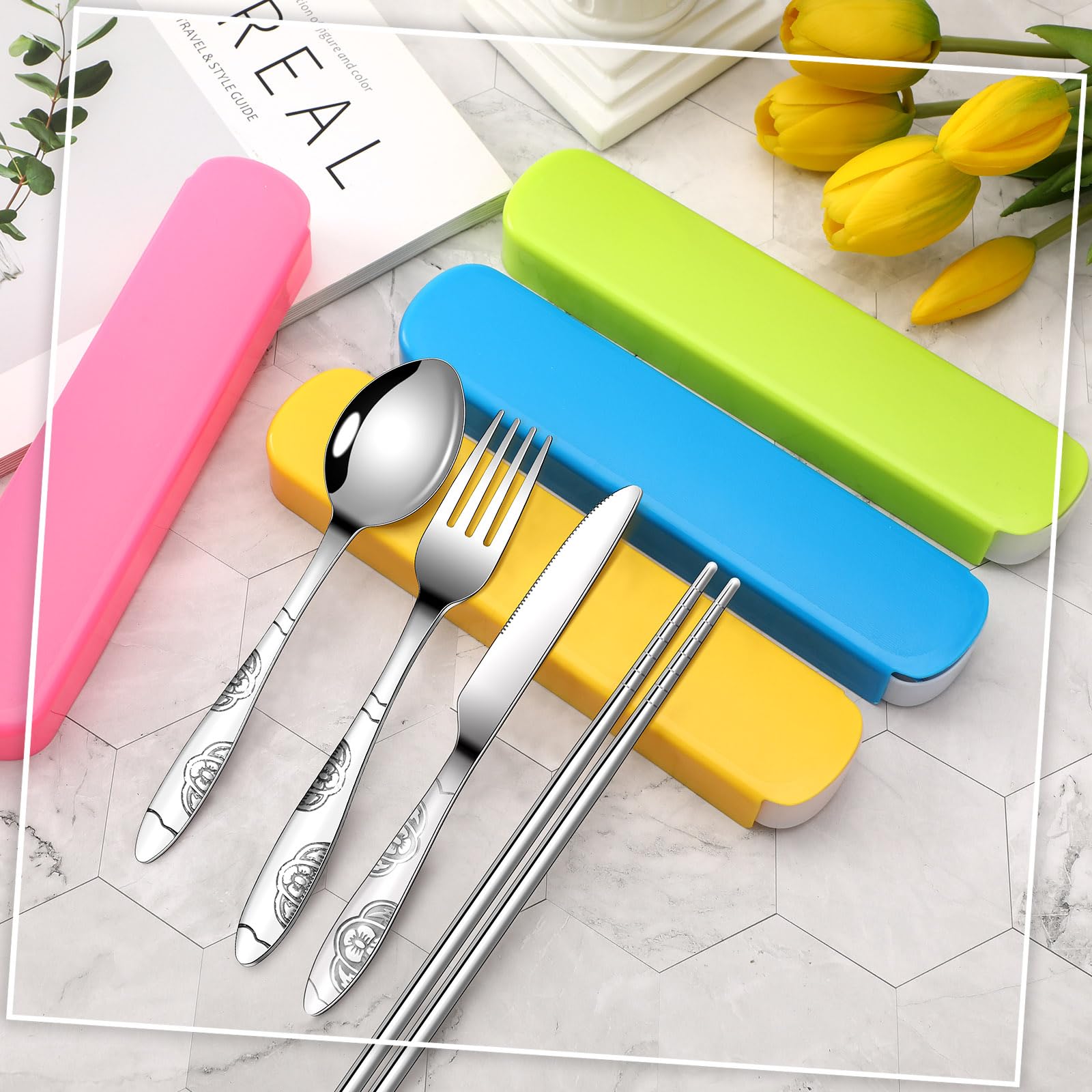 NOVWANG 4 Sets Travel Utensils with Case, Stainless Steel Cutlery Reusable utensils set with case Portable Silverware Lunch Box for Camping and Office